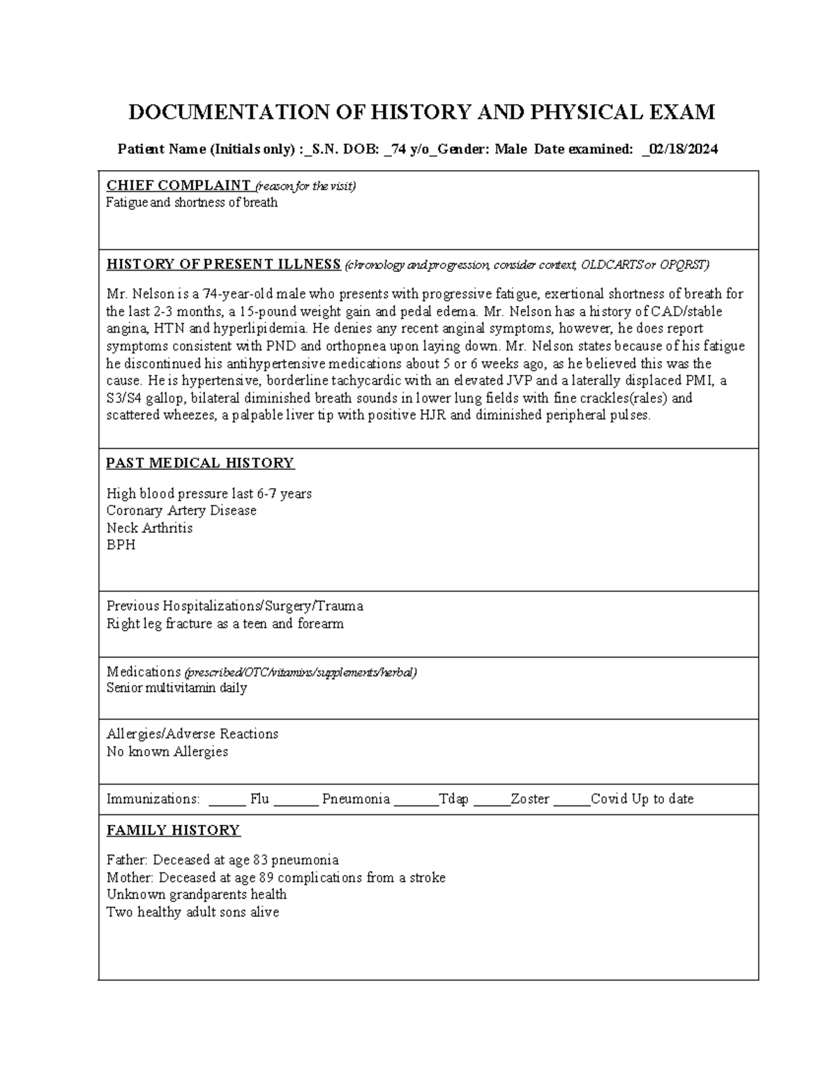 Ihuman Stephen Nelson SOAP - DOCUMENTATION OF HISTORY AND PHYSICAL EXAM ...