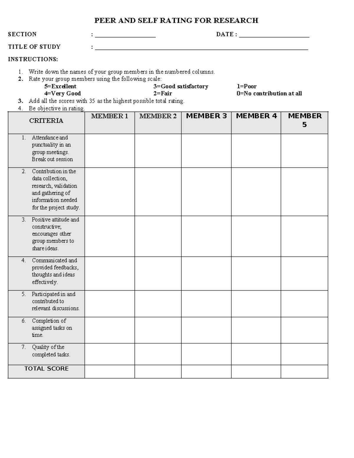 Self and Peer Evaluation - PEER AND SELF RATING FOR RESEARCH SECTION