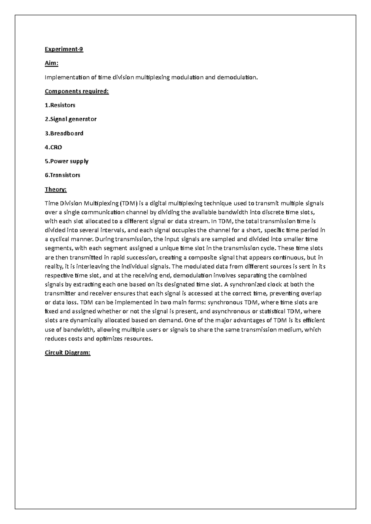 Experiment 9 TDM - Experiment- 9 Aim: Implementation of time division multiplexing modulation ...