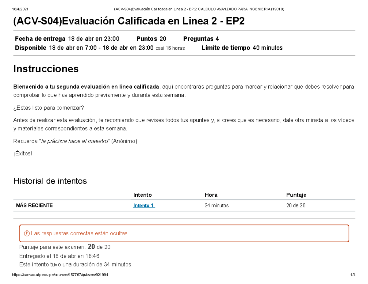 (ACV-S04)Evaluación Calificada en Linea 2 - EP2 Calculo Avanzado PARA Ingenieria (19019) - - Studocu