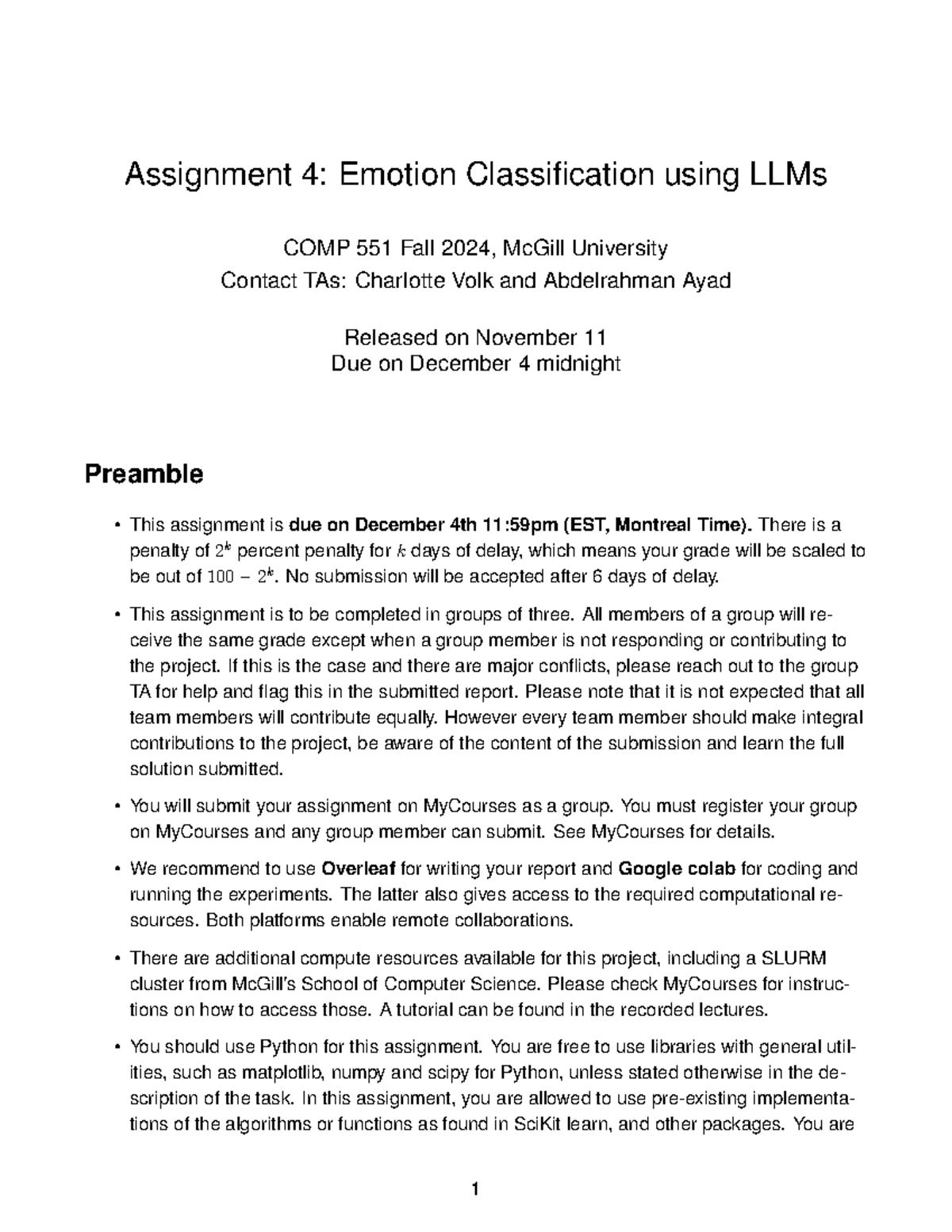 COMP 551 F2024 A4 - Assignment 4: Emotion Classification using LLMs COMP 551 Fall 2024, McGill ...