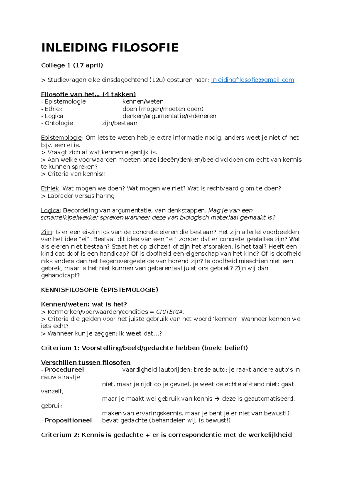 Inleidingfilosofie - INLEIDING FILOSOFIE College 1 (17 april) > Studievragen elke - Studeersnel
