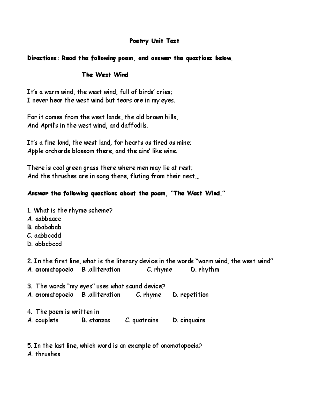 Poetry unit test 2021- english notes - Poetry Unit Test Directions ...