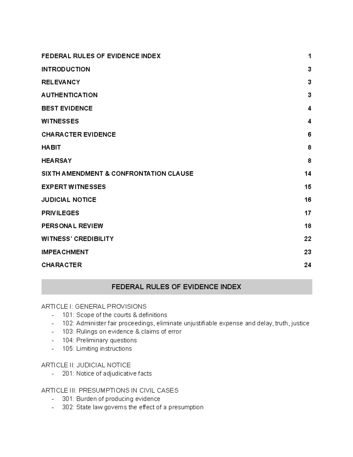 Evidence Outline 1 - FEDERAL RULES OF EVIDENCE INDEX 1 INTRODUCTION 3 ...