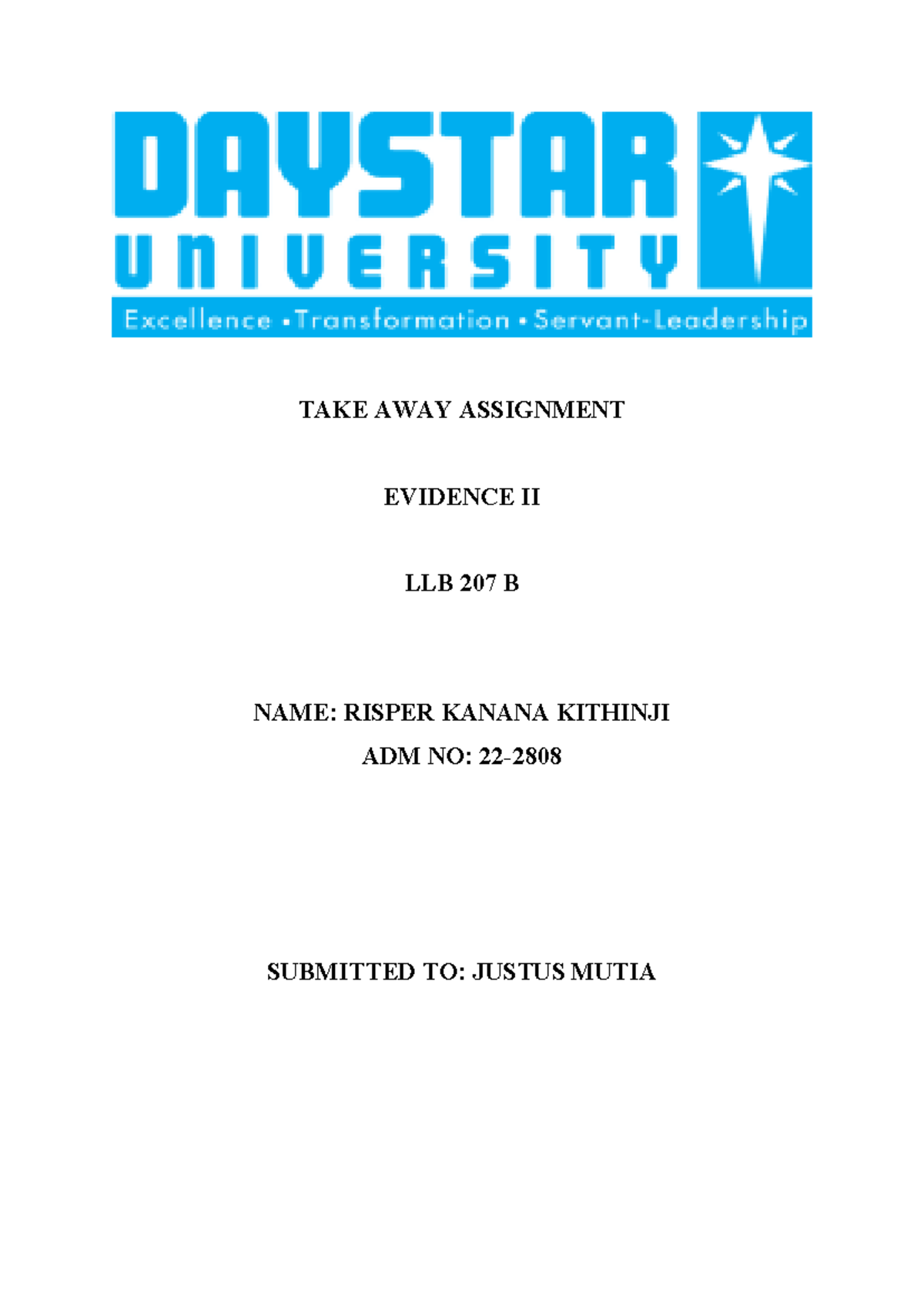 TAKE AWAY Assignment Evidence 2 - TAKE AWAY ASSIGNMENT EVIDENCE II LLB ...
