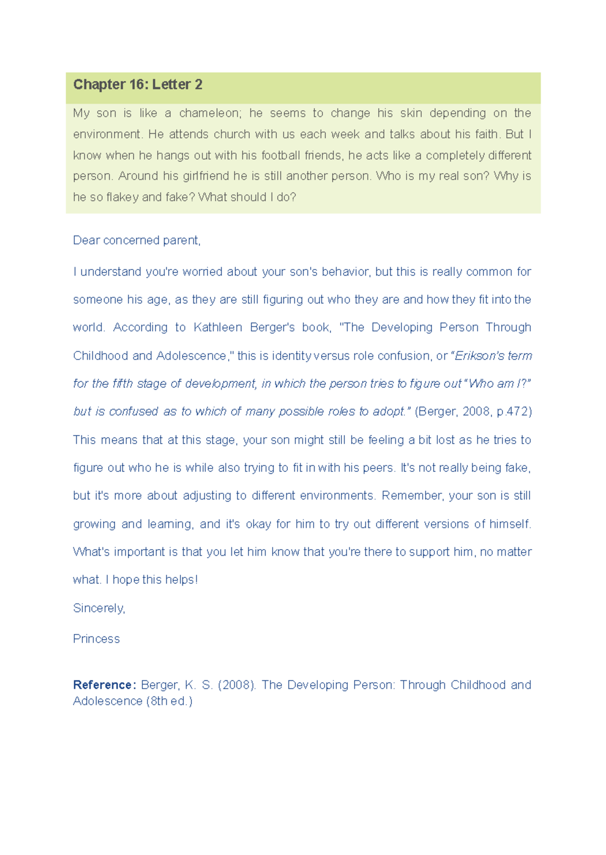 W13 Assignment Chapter 16 Advice to Parents - Chapter 16: Letter 2 My son is like a chameleon ...