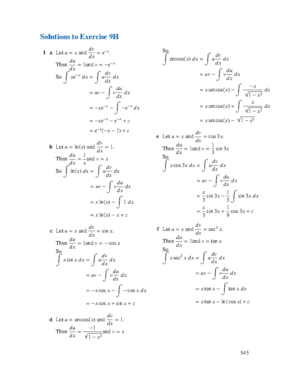 9H-worked-solutions - gyuhk - Solutions to Exercise 9H 1 a Let u = x ...