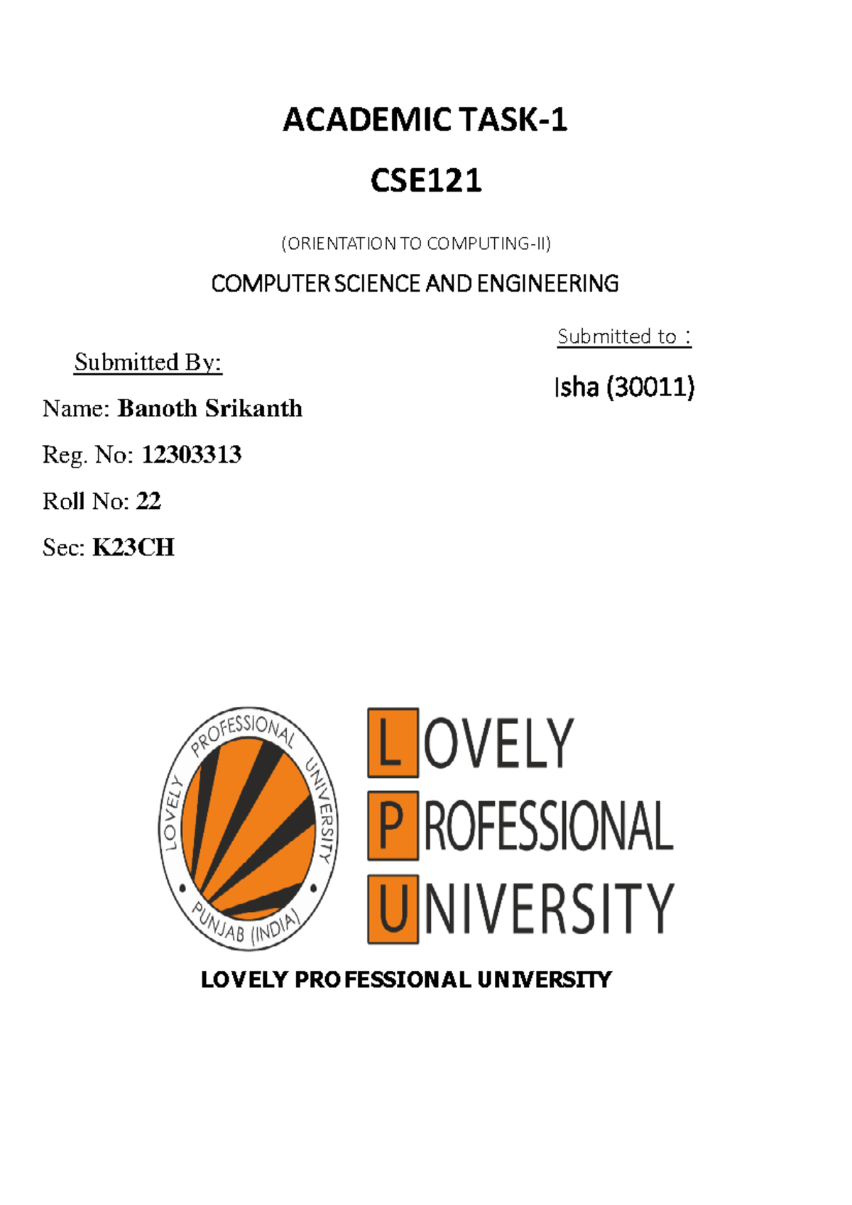 Pptx 11 Academic Task 1 Cse Orientation To Computing Ii Computer Science And Engineering