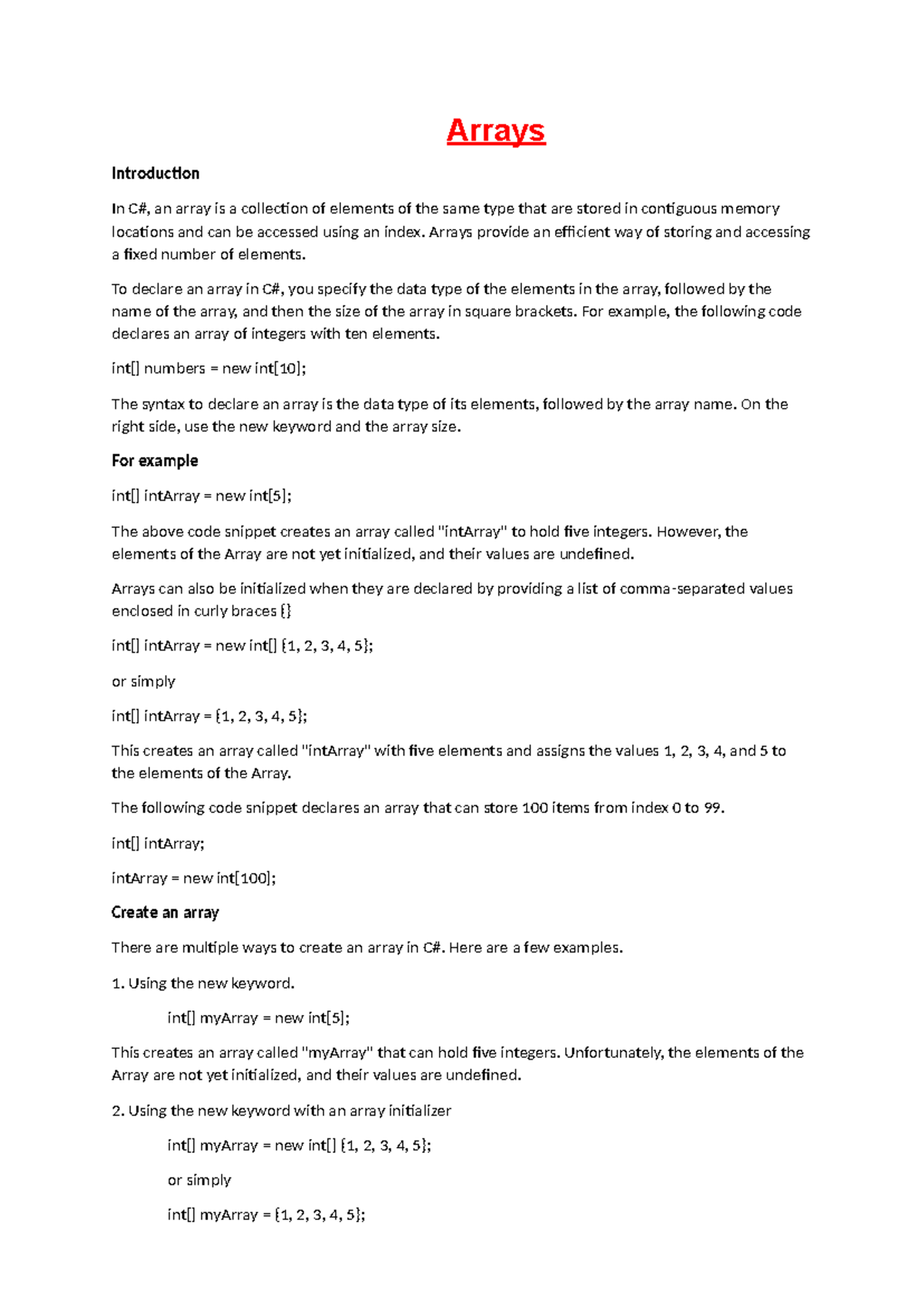C#Arrays - csharp Arrays material - Arrays Introduction In C#, an array ...