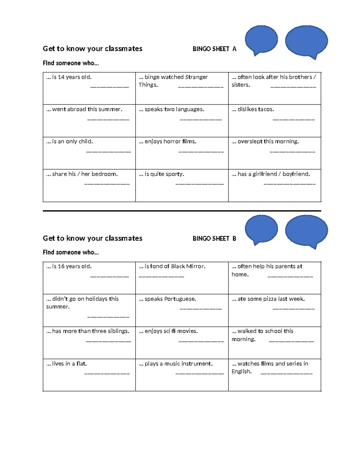 Get to know your classmates Bingo Sheet A - Get to know your classmates ...