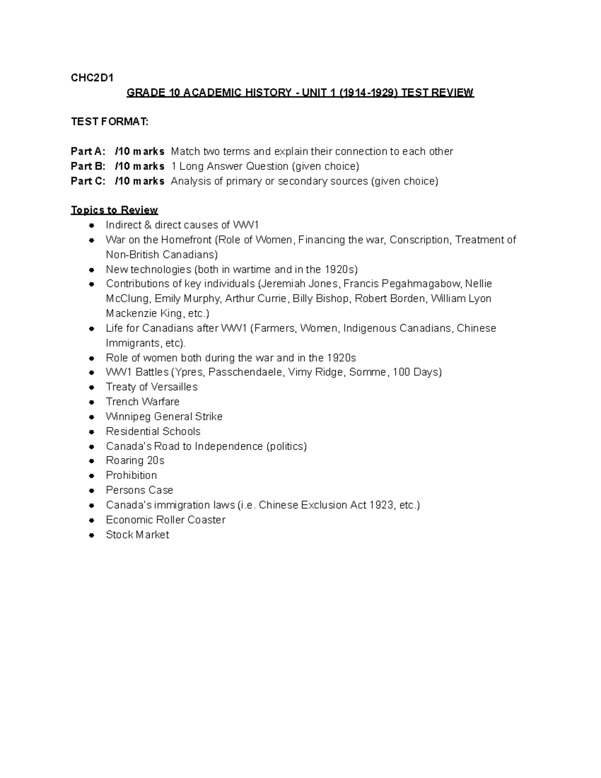 Grade 10 History Unit One Test Review Sheet - CHC2D GRADE 10 ACADEMIC ...