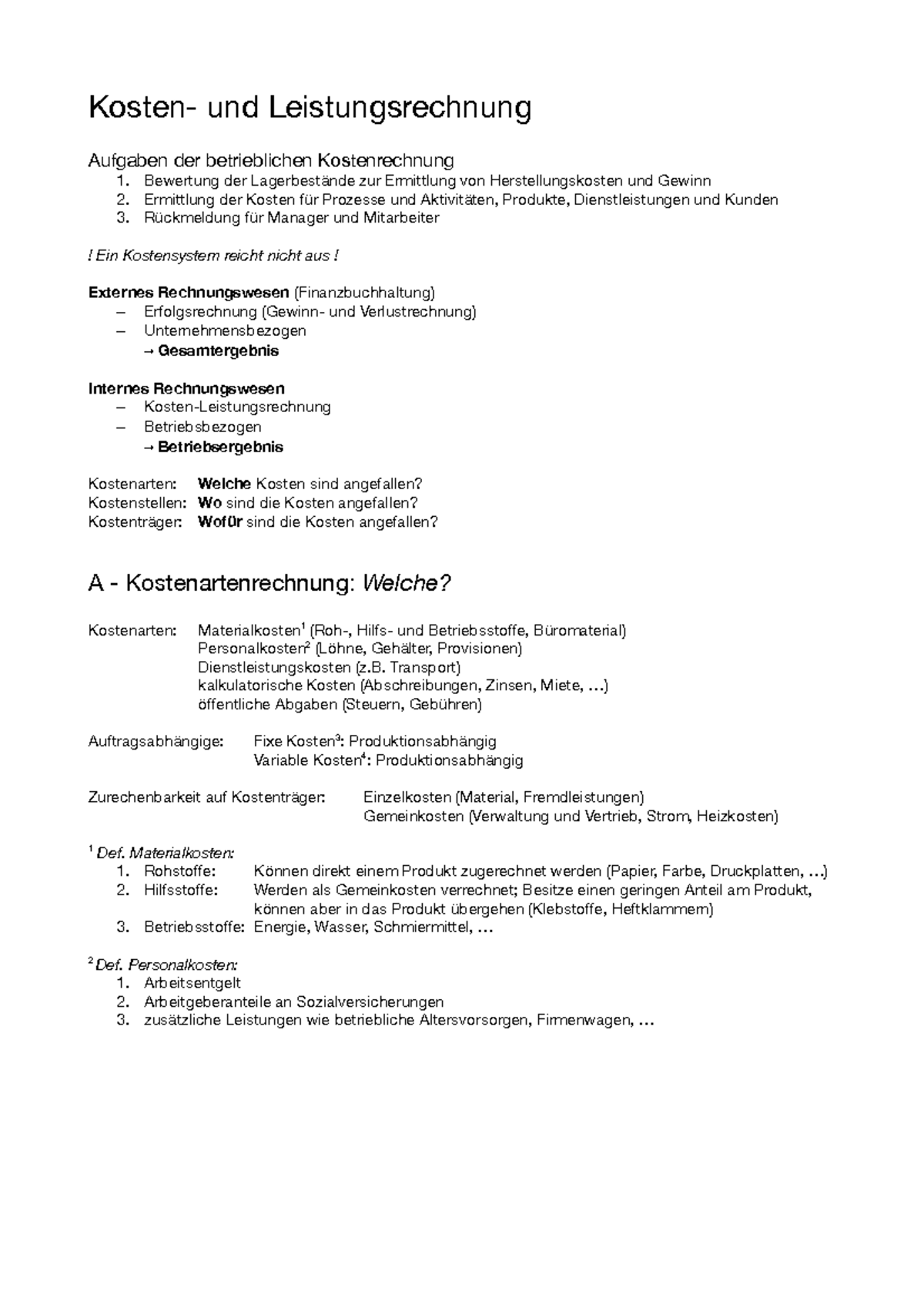 Kosten Leistungs Rechnung - Kosten- und Leistungsrechnung Aufgaben der betrieblichen ...