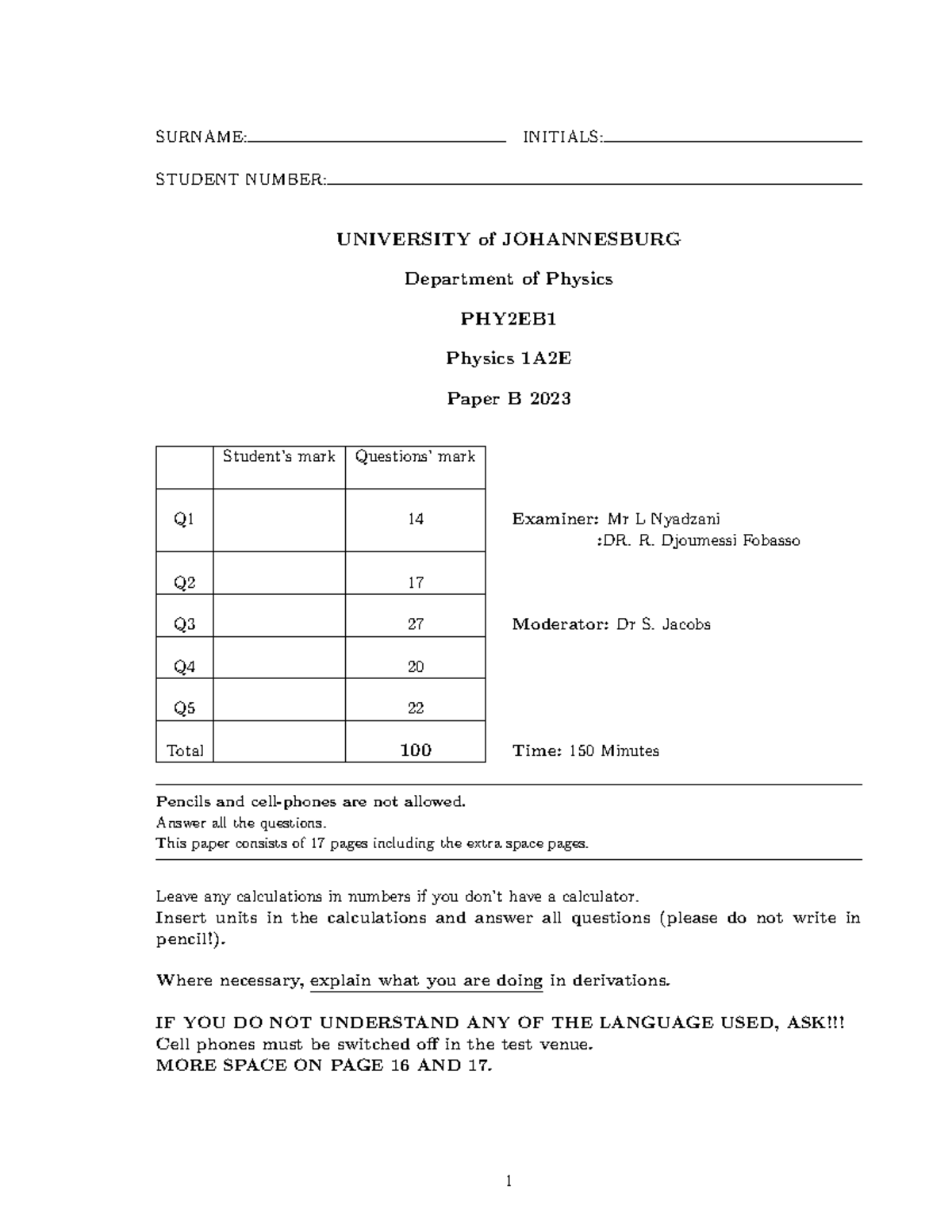 PHY2EB1 - TUTORIAL FOR PHYSICAL SCIENCE - SURNAME: INITIALS: STUDENT ...