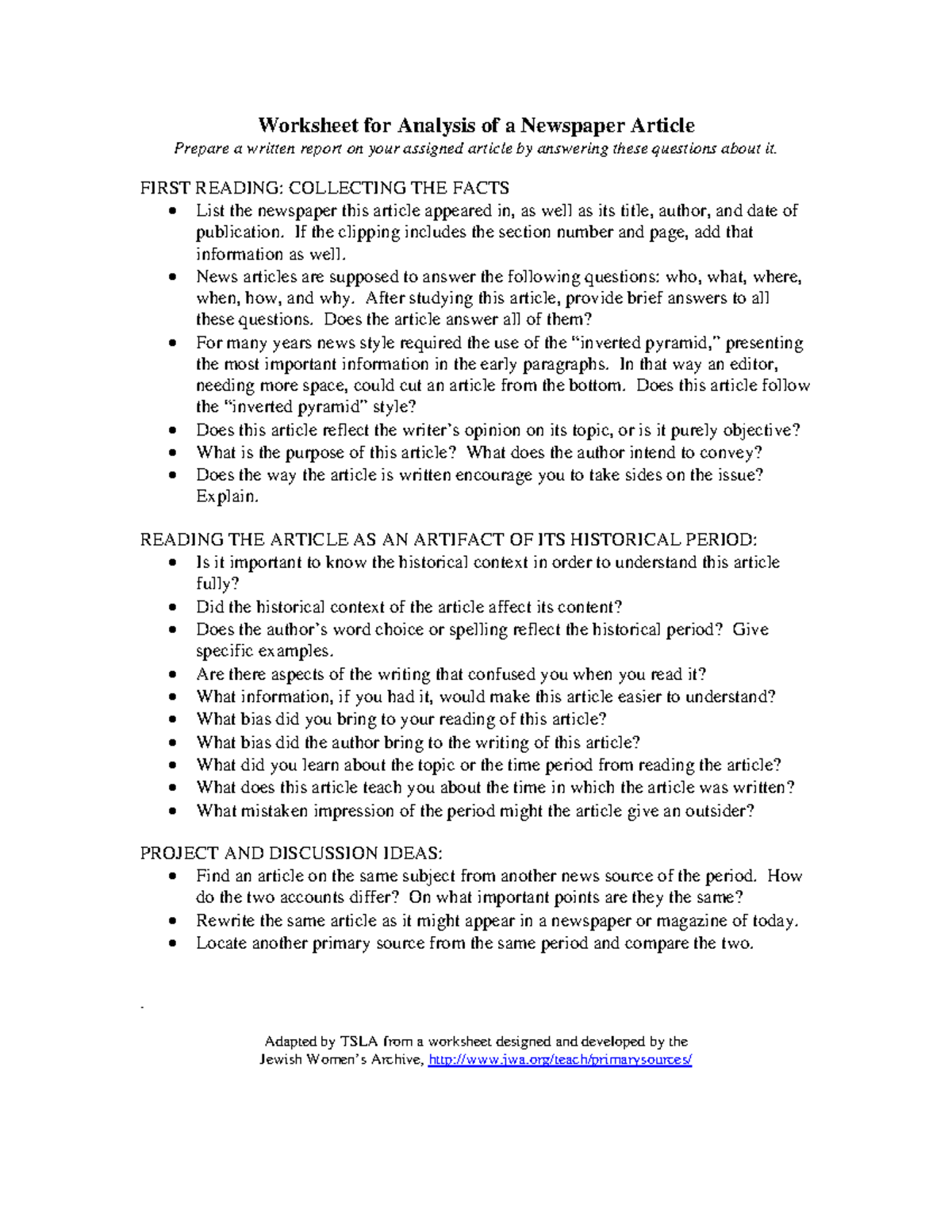 Worksheet newspaperarticle - Worksheet for Analysis of a Newspaper ...