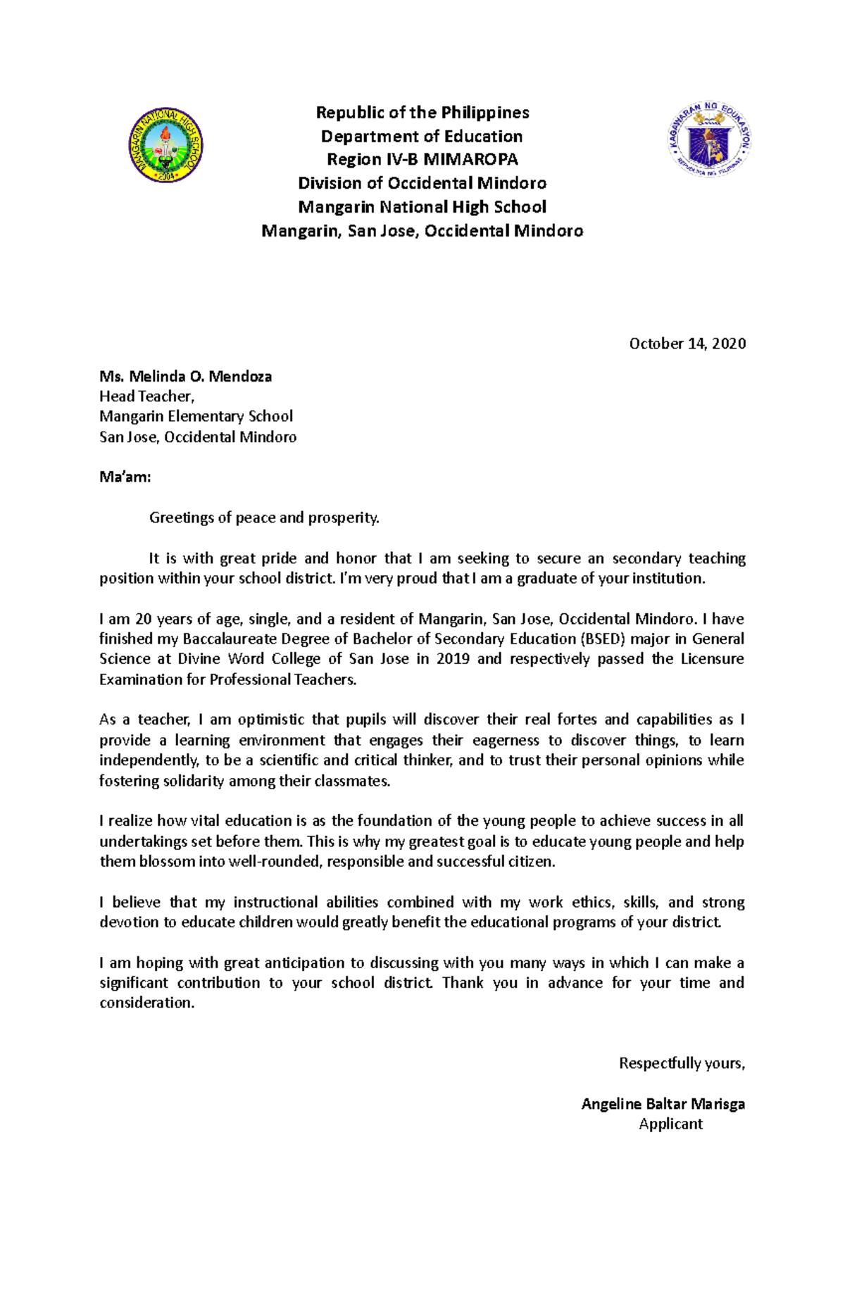 Application letter angeline secondary - Republic of the Philippines ...