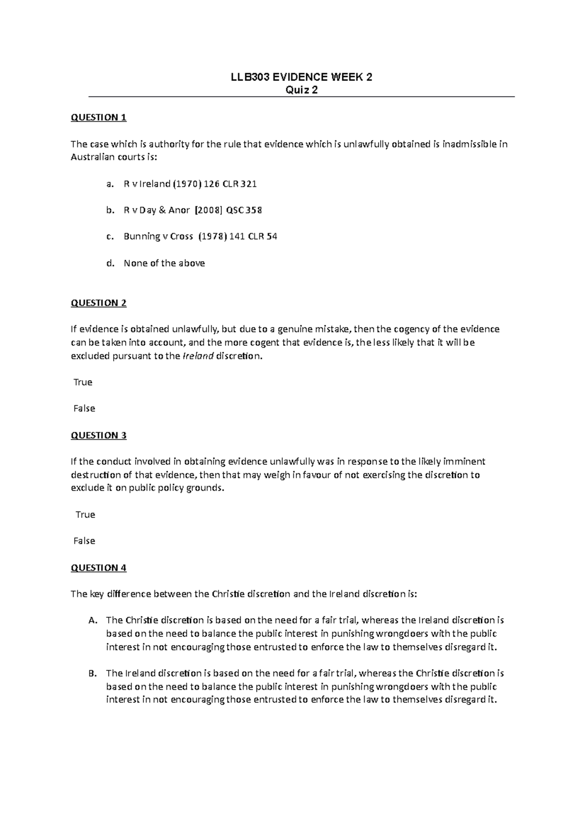 LLB303 Evidence W2 Q2 - This is Week 2 questions and answers. - LLB303 ...