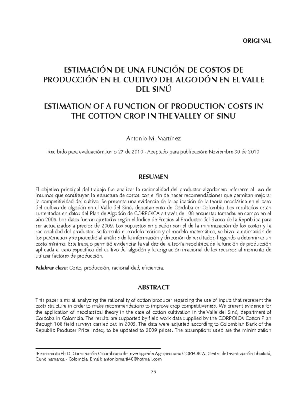 Estimacion De Una Funcion De Costos De Produccion En El Cultivo - ORIGINAL ESTIMACIÓN DE UNA ...