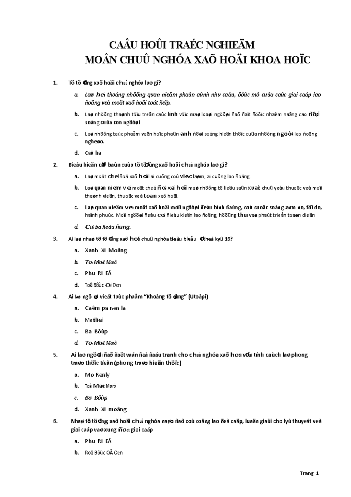 Chiasetailieu - Good - Trang 1 CAÂU HOÛI TRAÉC NGHIEÄM MOÂN CHUÛ NGHÓA ...