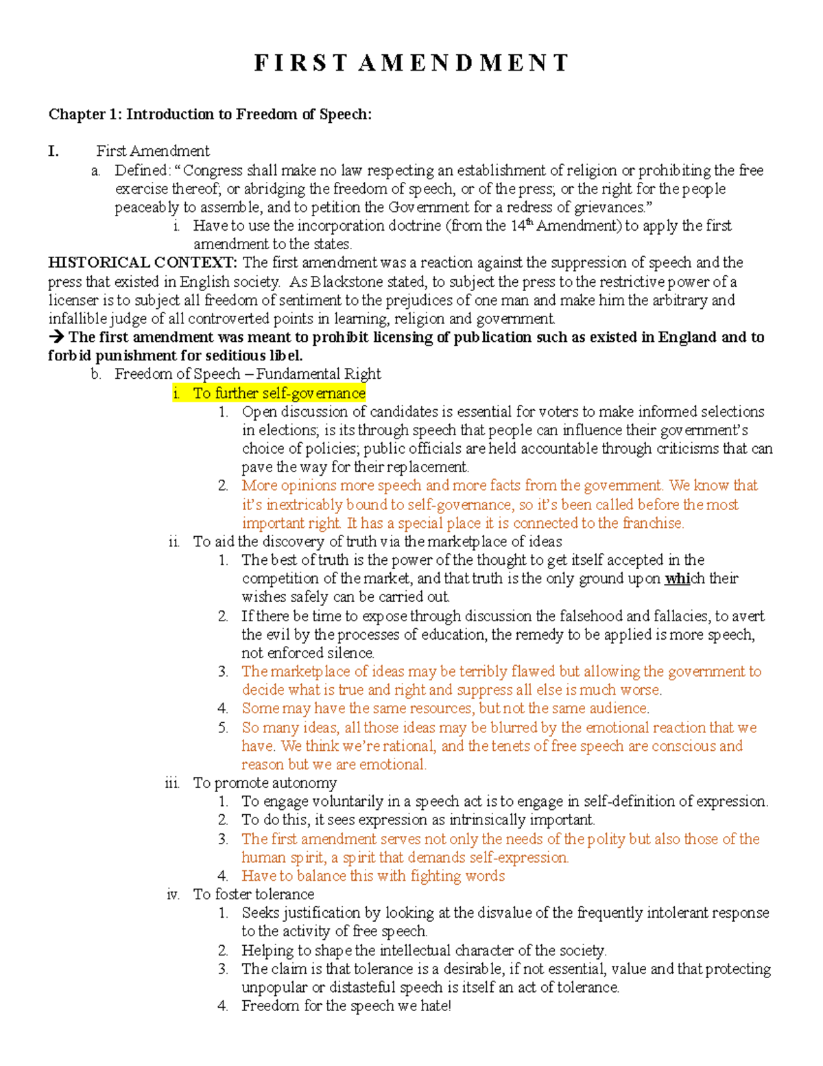 Con Law 2 Final Outline - F I R S T A M E N D M E N T Chapter 1 ...