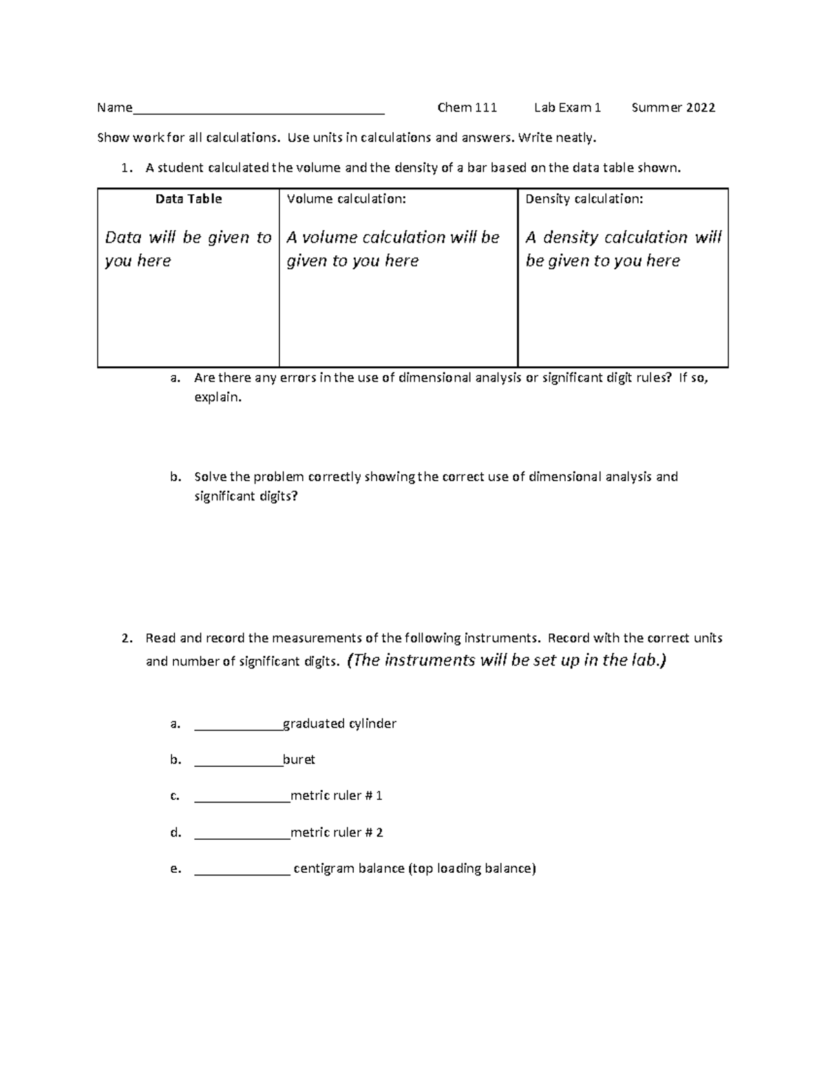 Lab Exam 1 Chem 111 S22 student preview version - Name ...