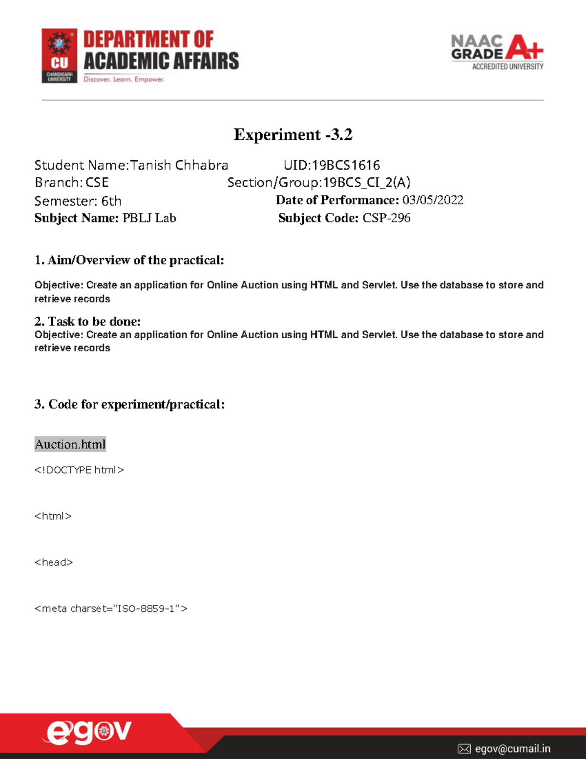Project Based Learning in Java Lab Worksheet-3.2 19BCS1616 ...