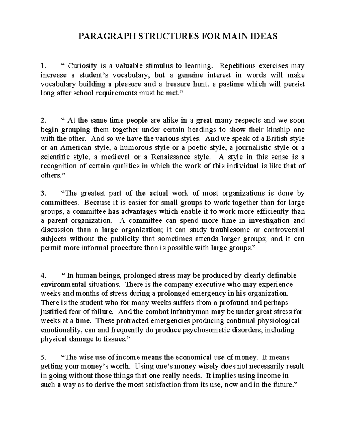 Student copy Paragraph Structures FOR MAIN Ideas - PARAGRAPH STRUCTURES ...