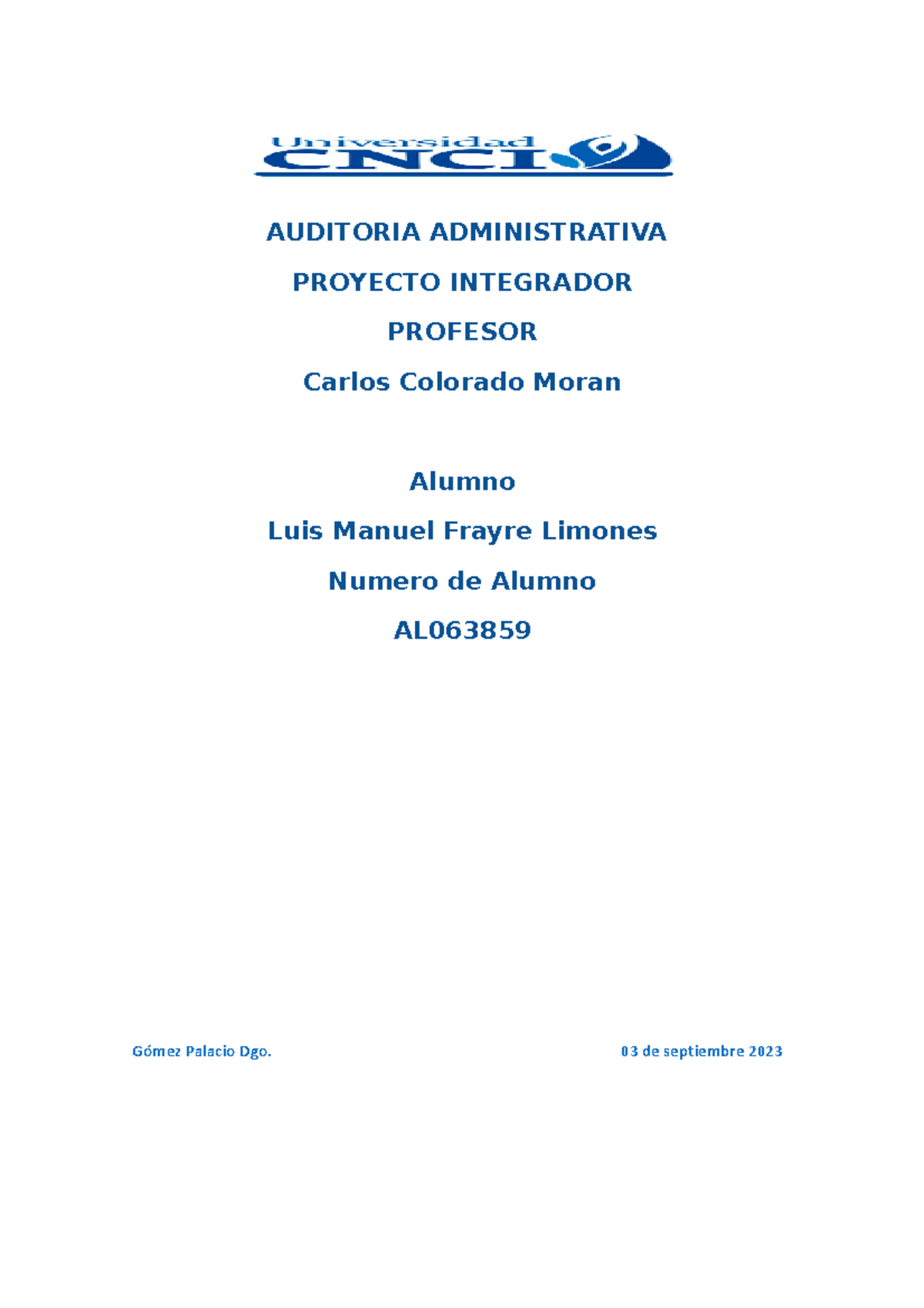 Auditoria Admin. Modular - AUDITORIA ADMINISTRATIVA PROYECTO INTEGRADOR ...