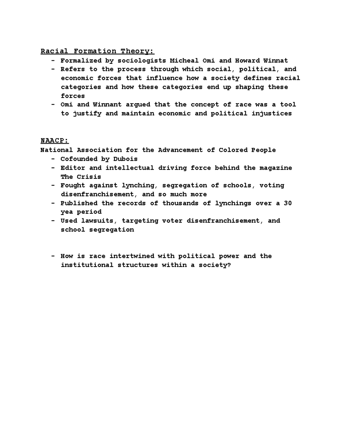 Sociology Notes #3 - Racial Formation Theory: Formalized by ...
