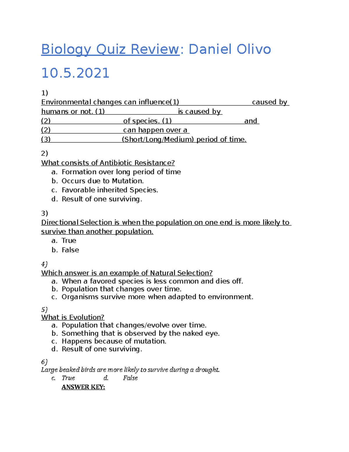 Biology Quiz Review (10 - Biology Quiz Review: Daniel Olivo 10. 1 ...
