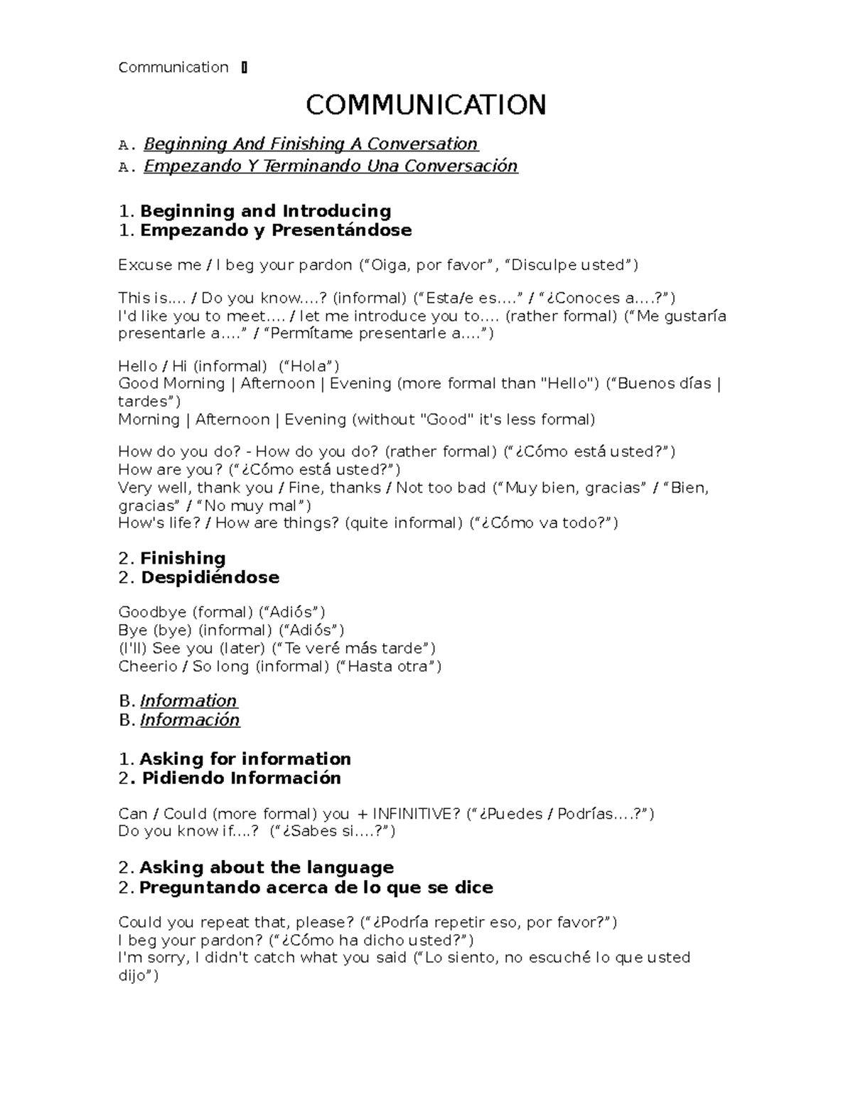 Communication Spanish - Communication COMMUNICATION A. Beginning And ...