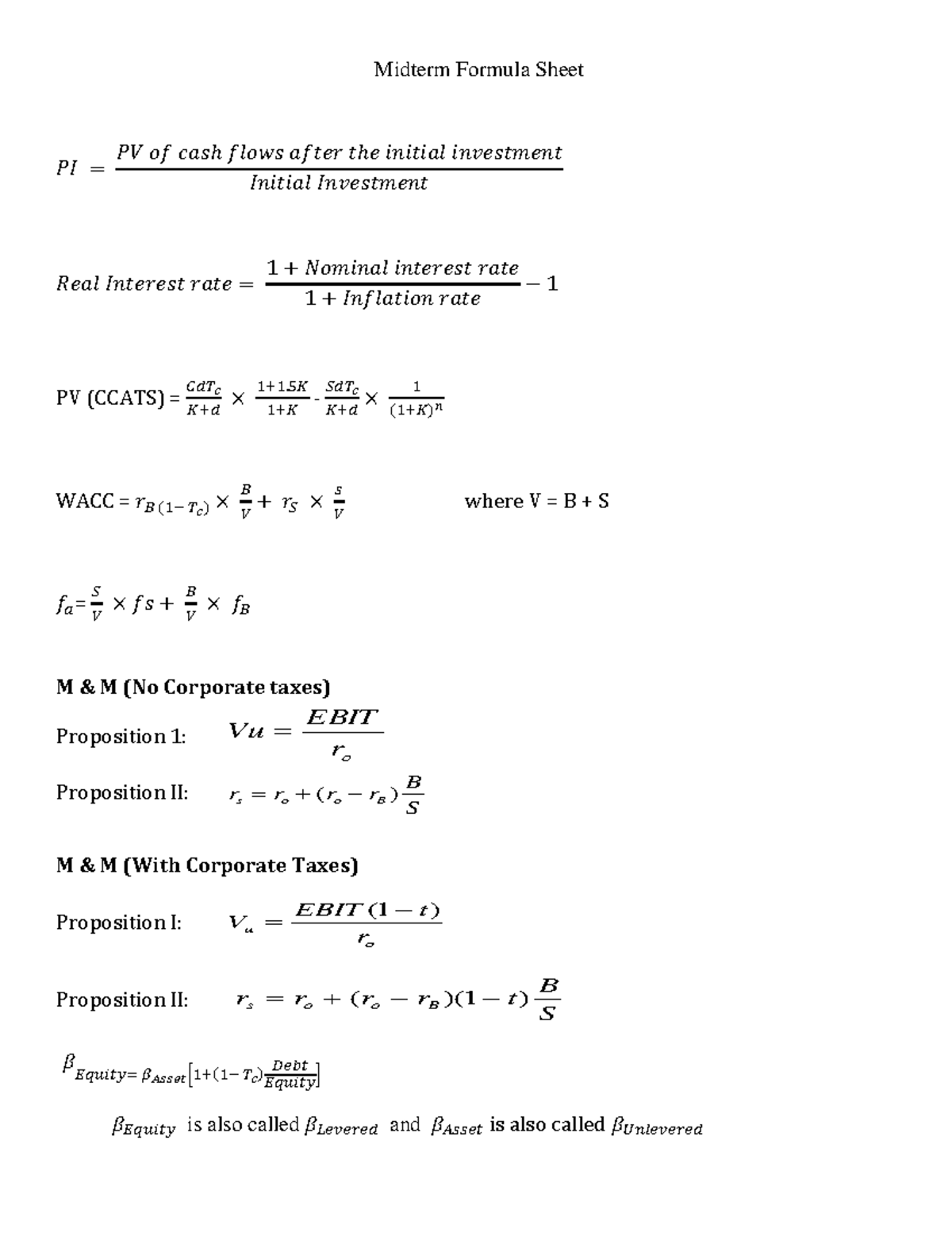 Formula sheet for the midterm exam - Midterm Formula Sheet 𝑃𝐼 = 𝑃𝑉 𝑜𝑓 𝑐𝑎𝑠ℎ 𝑓𝑙𝑜𝑤𝑠 𝑎𝑓𝑡𝑒𝑟 𝑡ℎ𝑒 ...