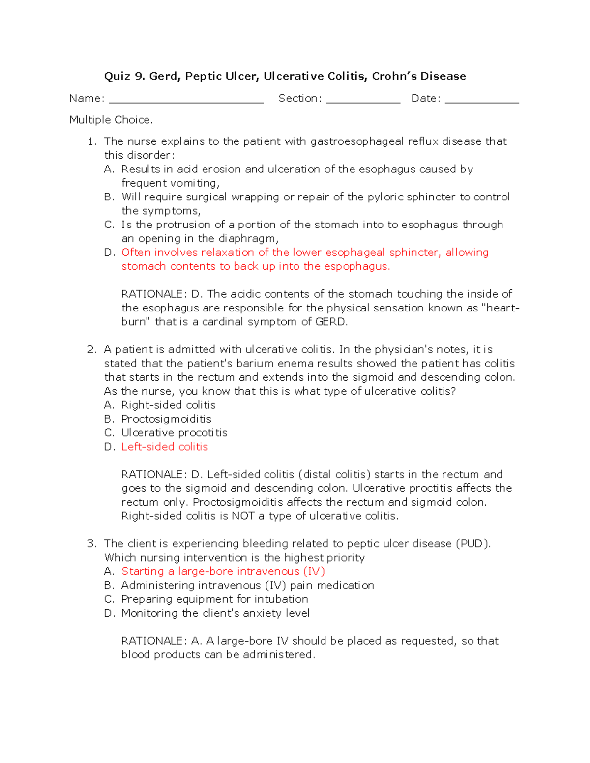 Quiz 9 Answer Key None Quiz 9 Gerd Peptic Ulcer Ulcerative Colitis Crohns Disease Name