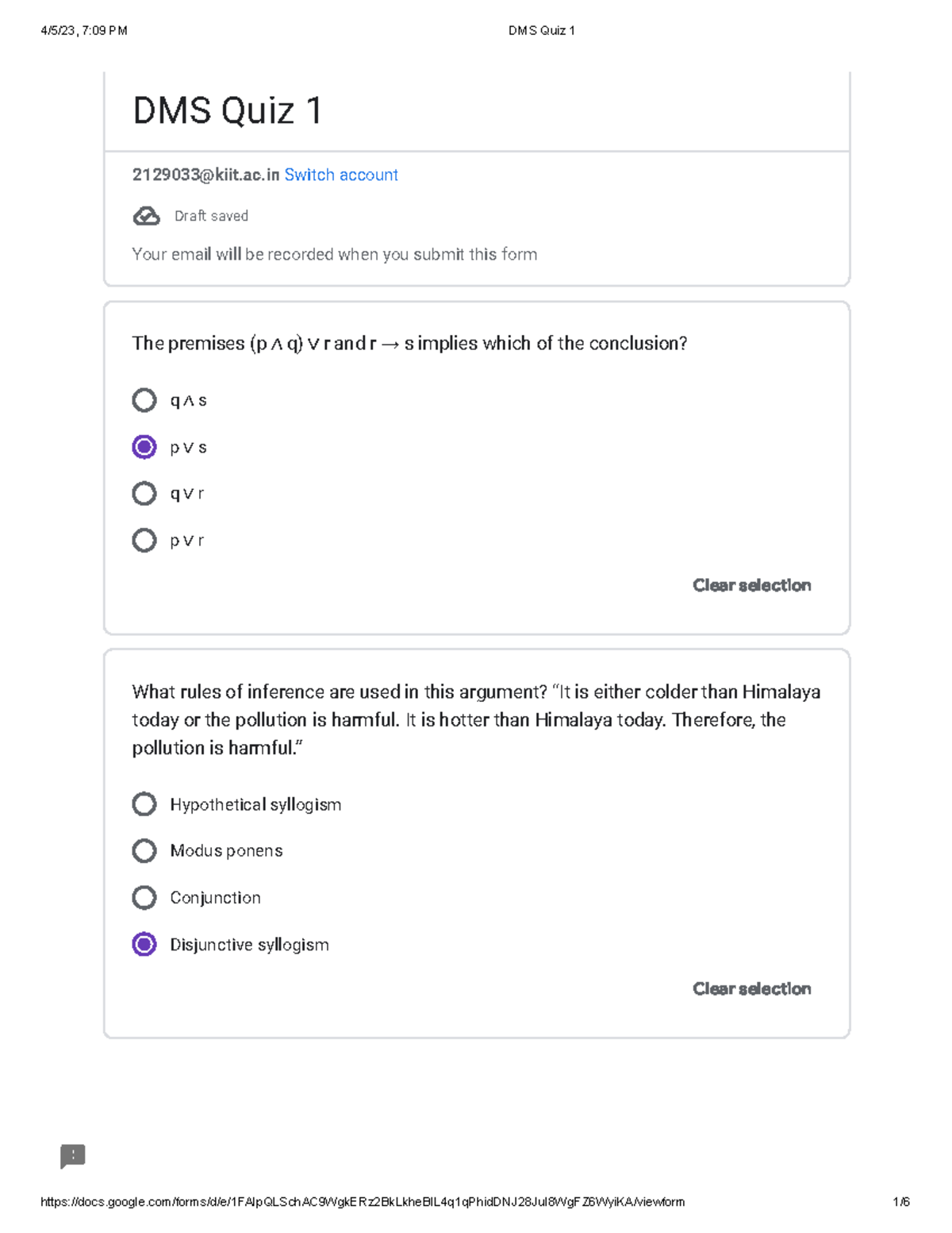 DMS Quiz 1 Sol - Contains practice questions along with solution - q ∧ ...