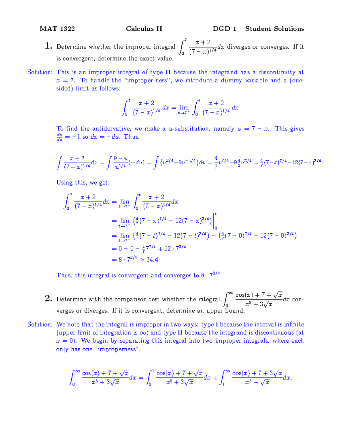 Mat1322 DGD1 student Solutions 2023 - MAT 1322 Calculus II DGD 1 – Student Solutions 1 ...