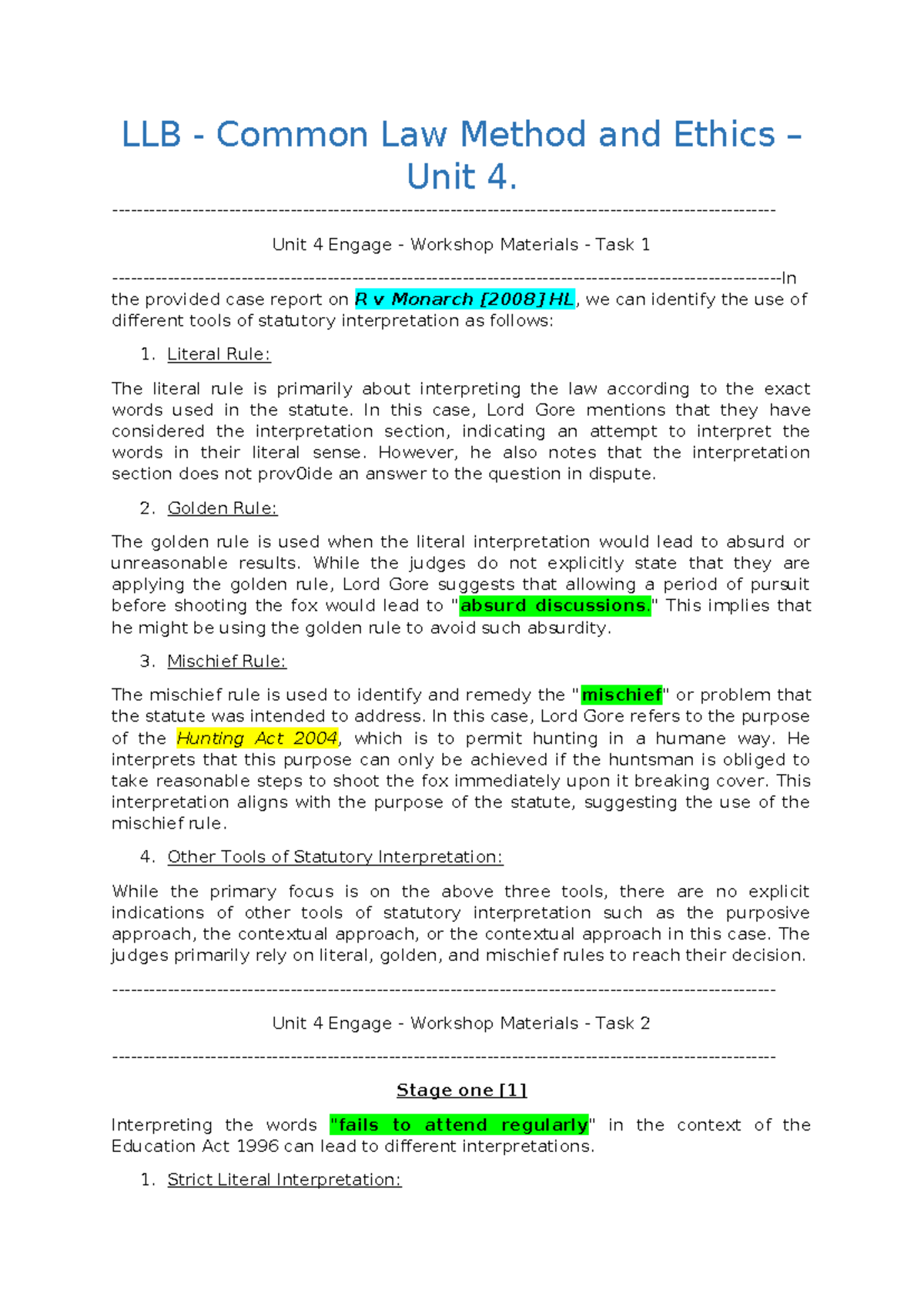 Common unit 4 workshop tsks - LLB - Common Law Method and Ethics – Unit 4. - Unit 4 Engage ...