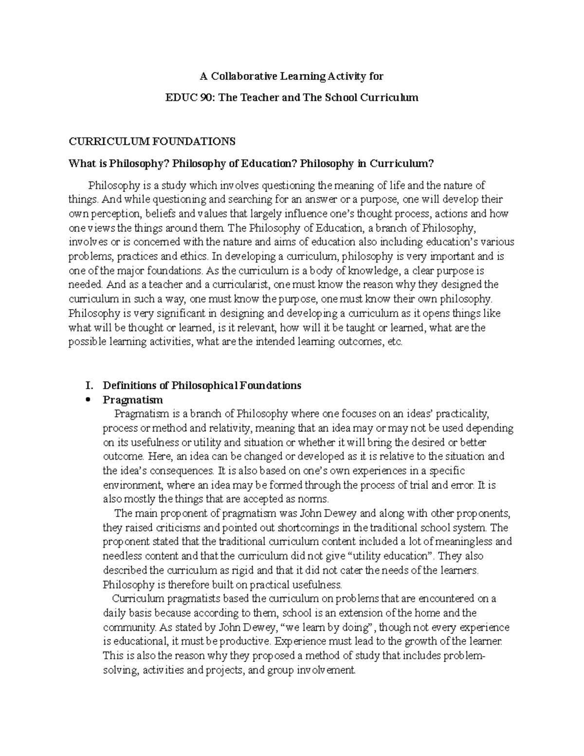 Philosophical- Foundation Group 4 - A Collaborative Learning Activity ...