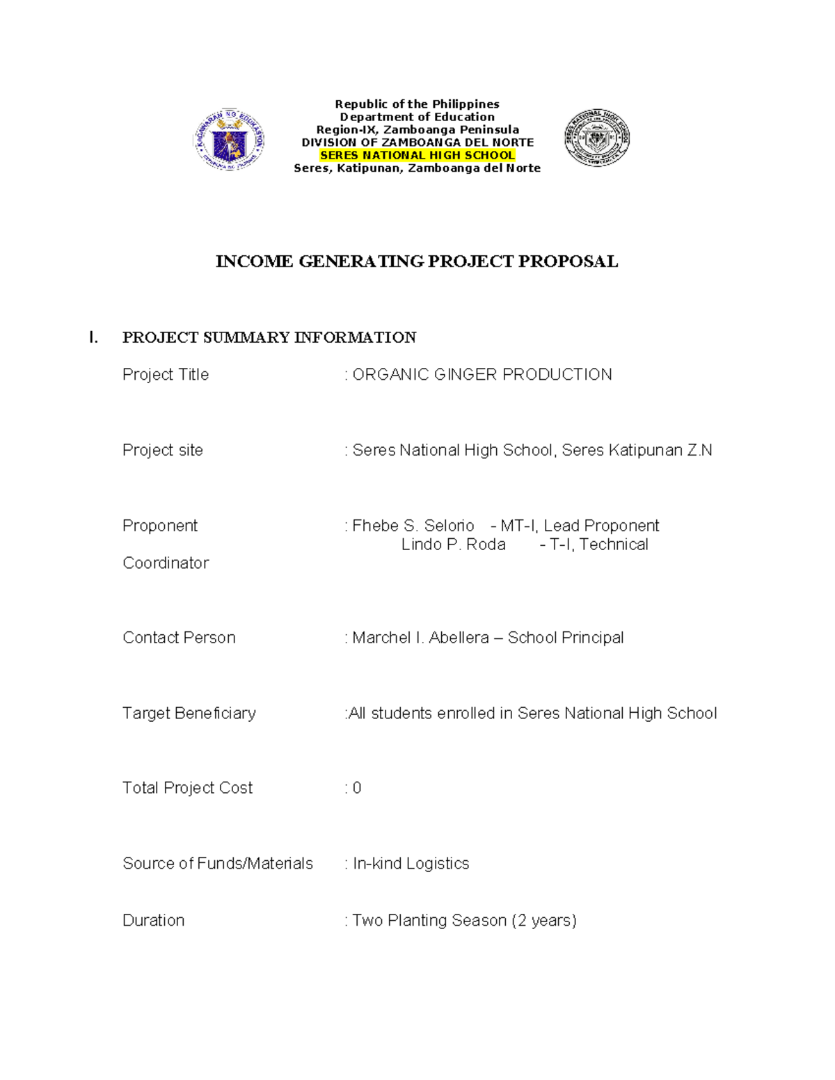 IGP Proposal-Ginger - Income Generating Project Proposal on Ginger ...