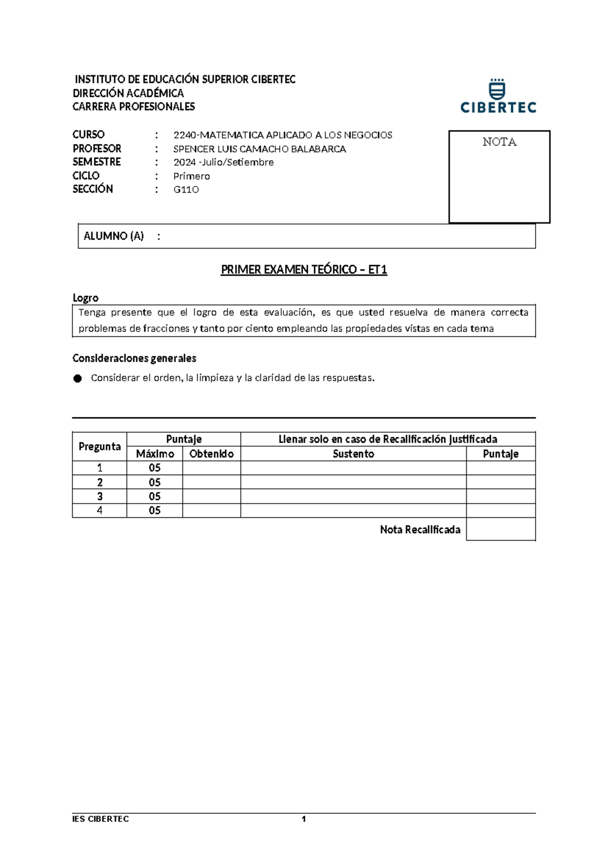 2240 Matemáticas Aplicadas Negocios G11O ET1 Spencer Camacho 2024 ...