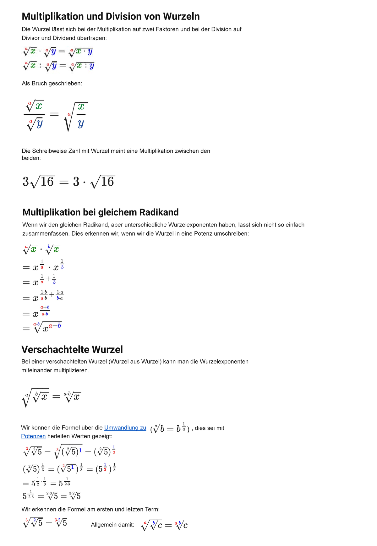 Multiplikation und Division von Wurzeln Multiplikation bei gleichem ...