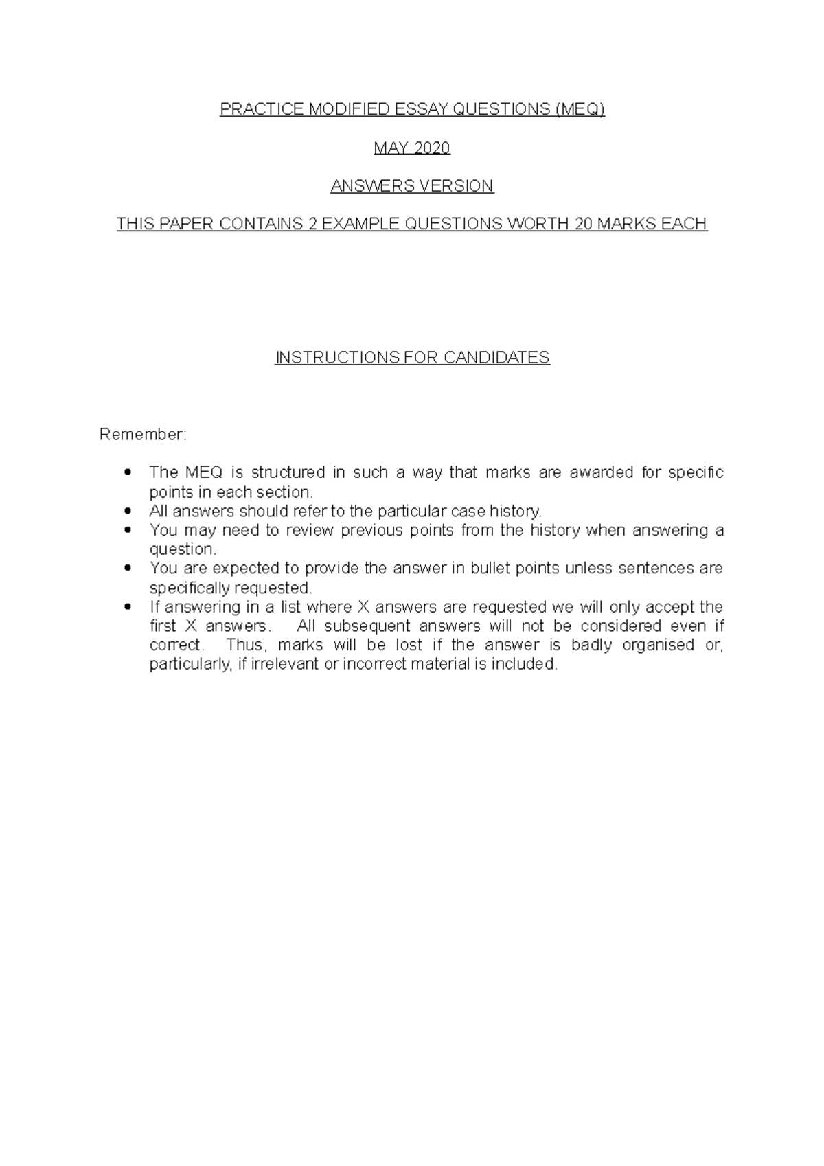 MEQ Practice Paper Fourth Year 2020 - PRACTICE MODIFIED ESSAY QUESTIONS ...