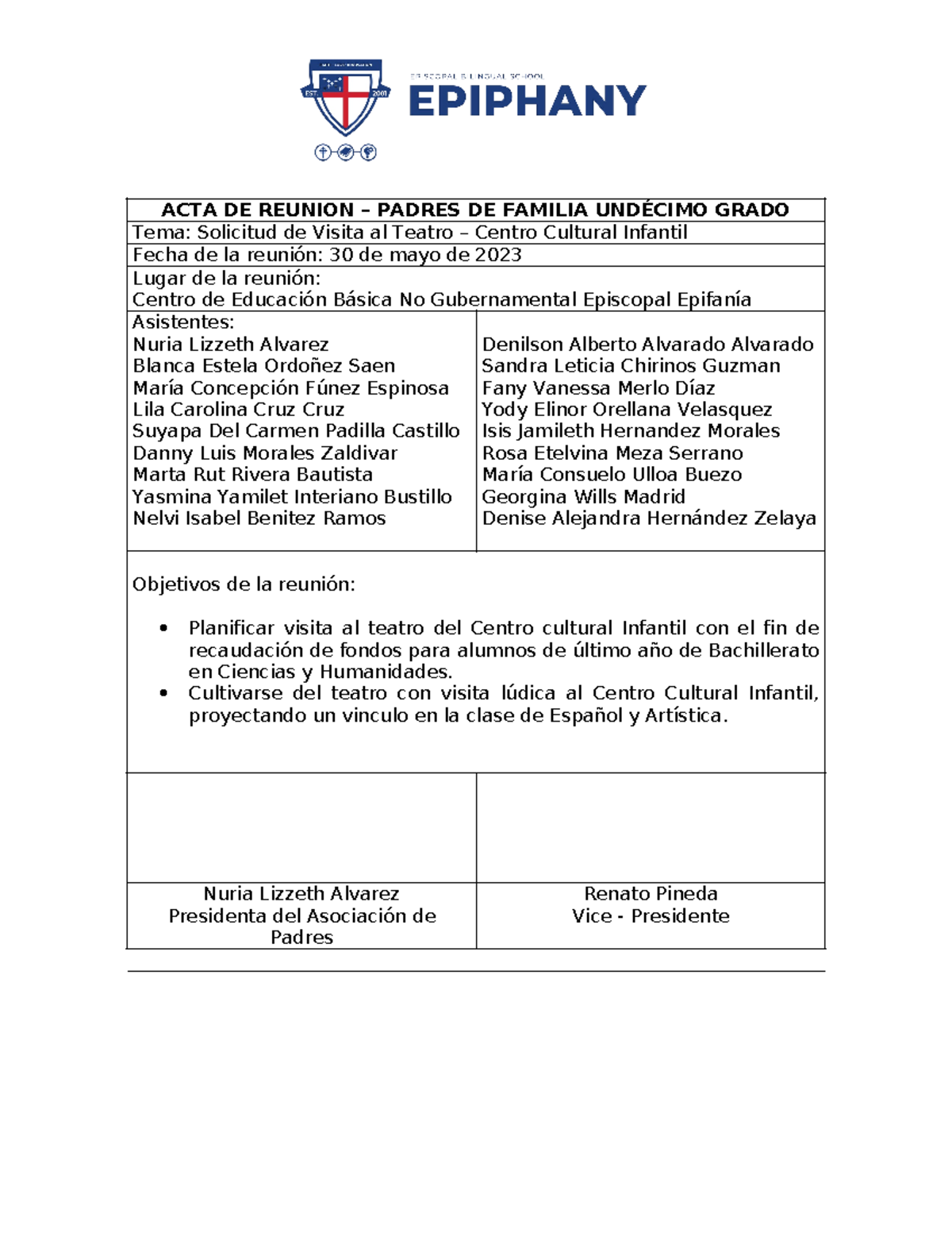 Acta de Padres de familia - ACTA DE REUNION – PADRES DE FAMILIA UNDÉCIMO GRADO Tema: Solicitud ...