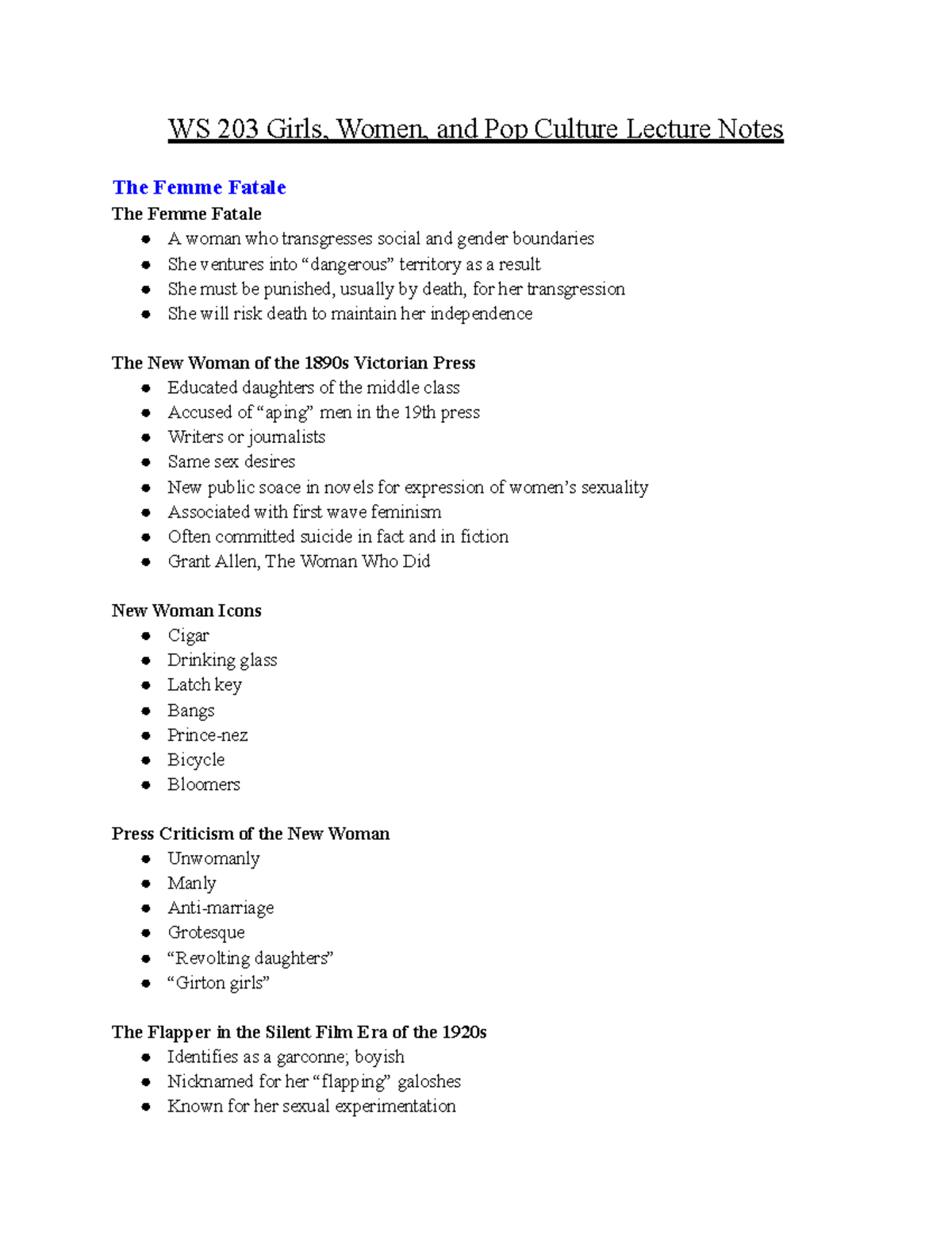 WS 203 Lecture Notes (5-8) - WS 203 Girls, Women, and Pop Culture ...