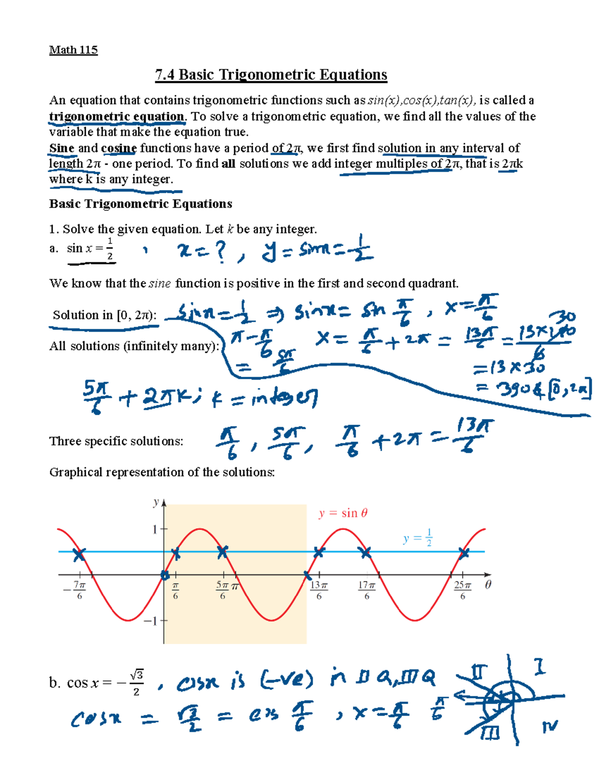 7.4 Basic Trig Equations Sp2020 pdf - Math 115 7 Basic Trigonometric ...