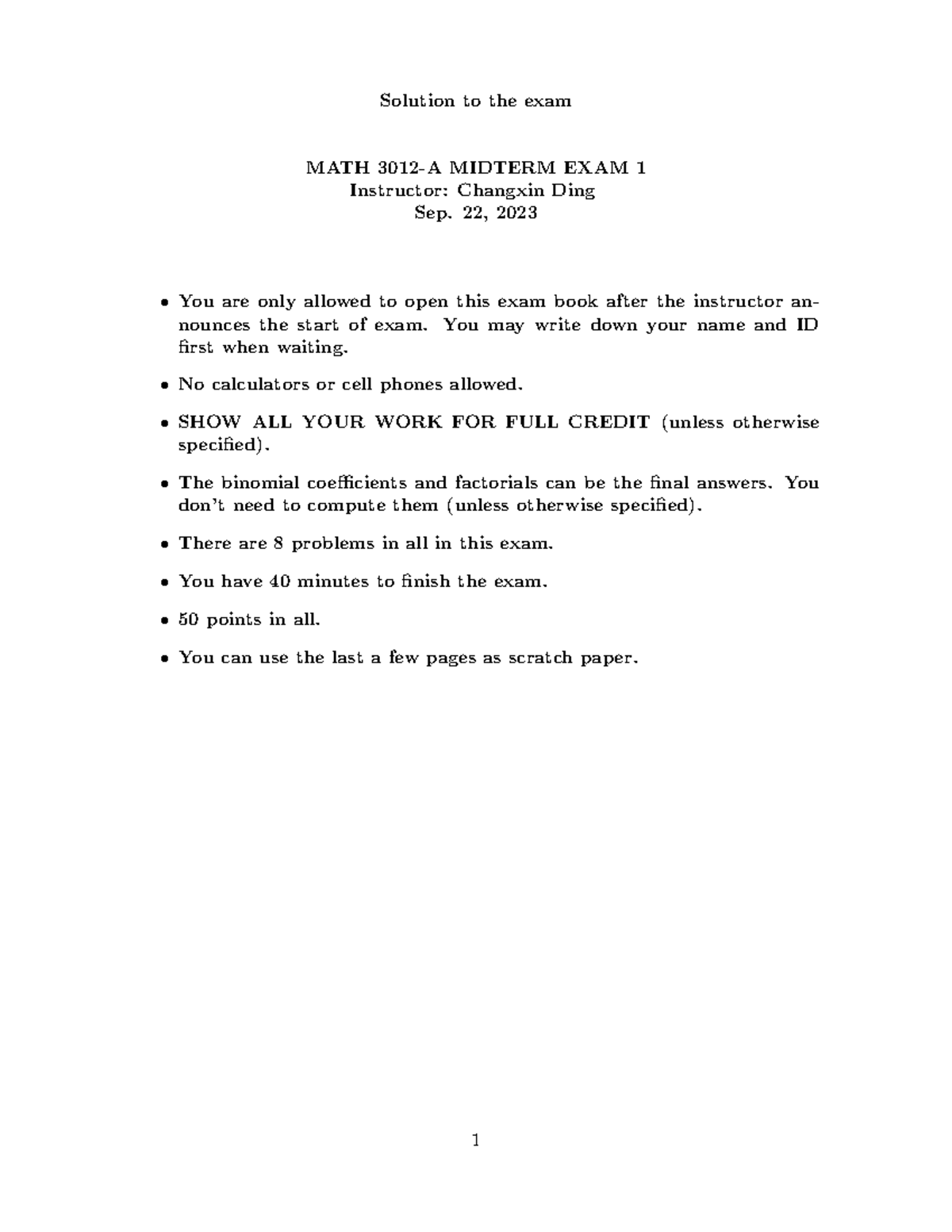 Midterm 1 solution - Math exam - Solution to the exam MATH 3012-A ...