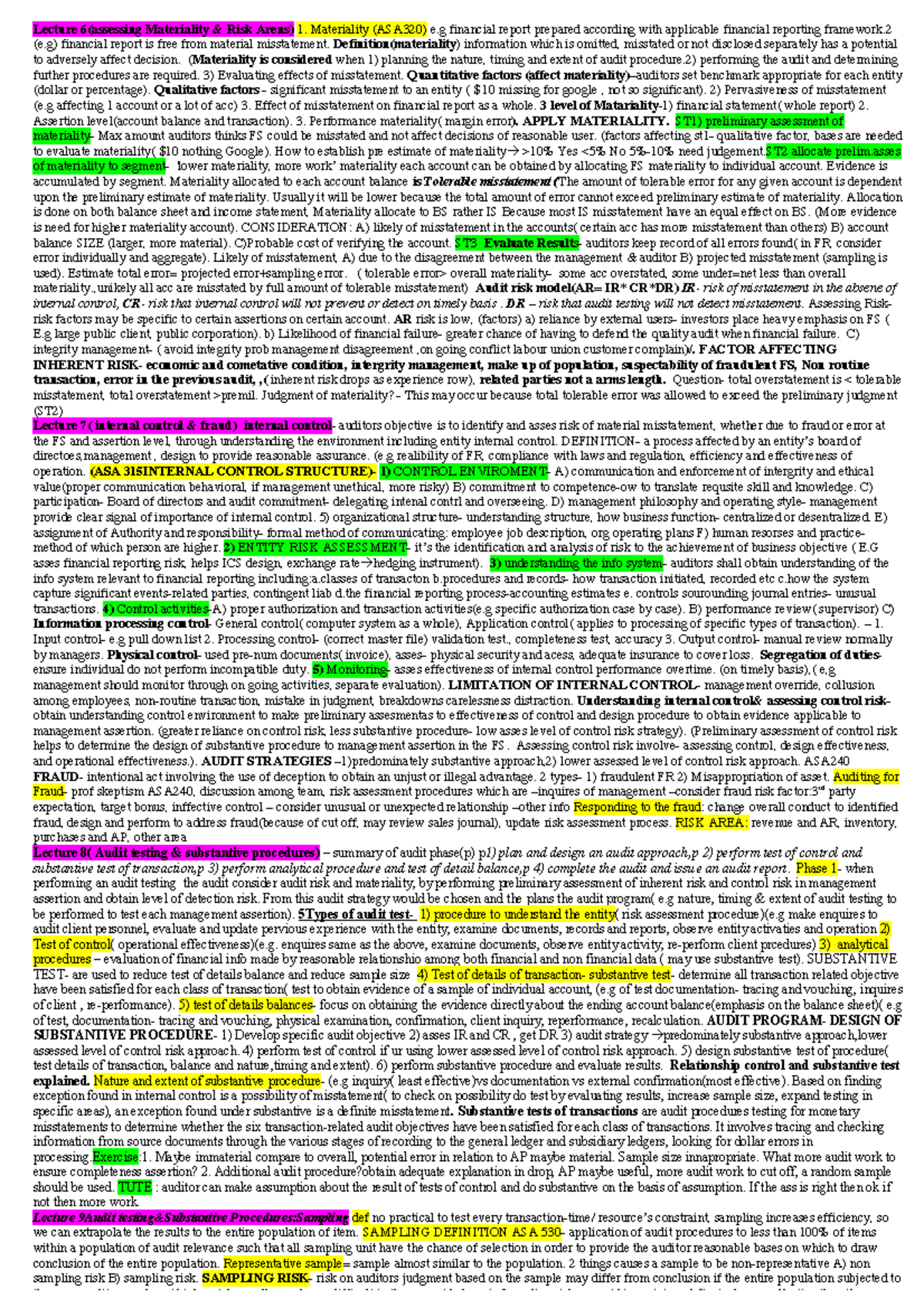 Notes for Open book Auditing Exam - Lecture 6(assessing Materiality ...