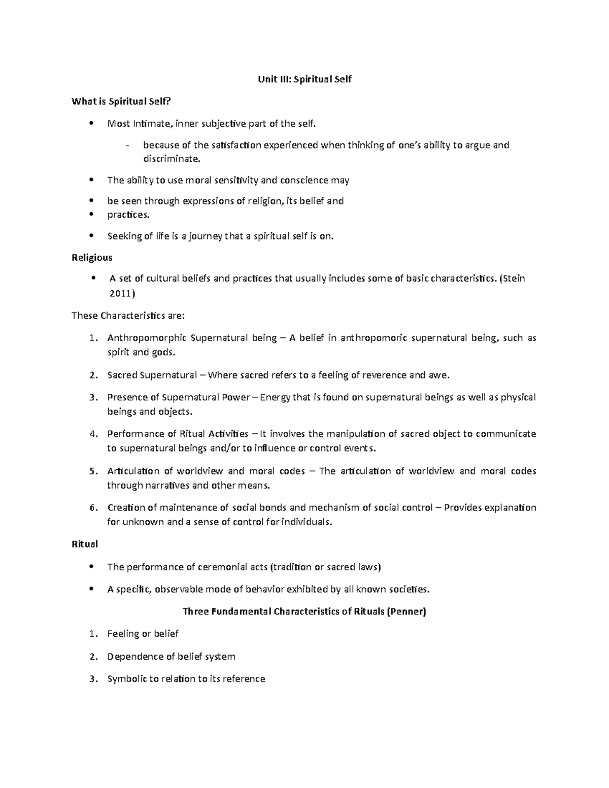 Spiritual Self Hand Out - Unit III: Spiritual Self What is Spiritual ...