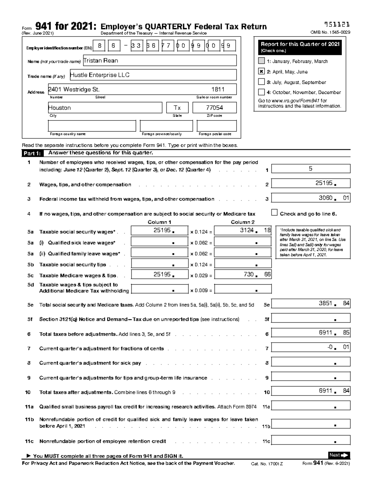 2021 Q2 - Doc - Form 941 for 2021: (Rev. June 2021) Employer’s QUARTERLY Federal Tax Return ...