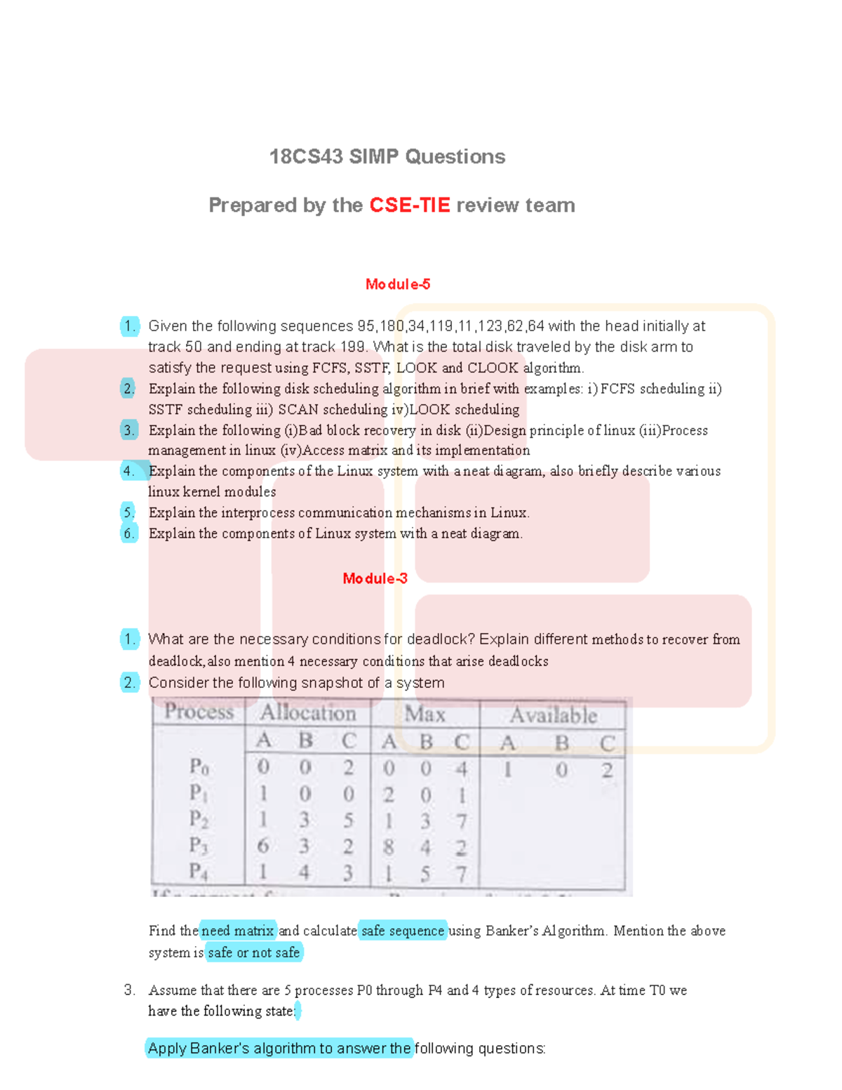Question Bank TLE - 18CS43 SIMP Questions Prepared by the CSE-TIE review team Module- Given the ...
