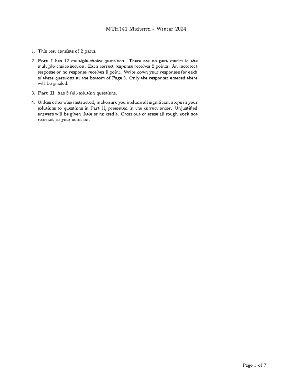 Mth141 midterm solutions - MTH141 Midterm - Winter 2024 This test ...