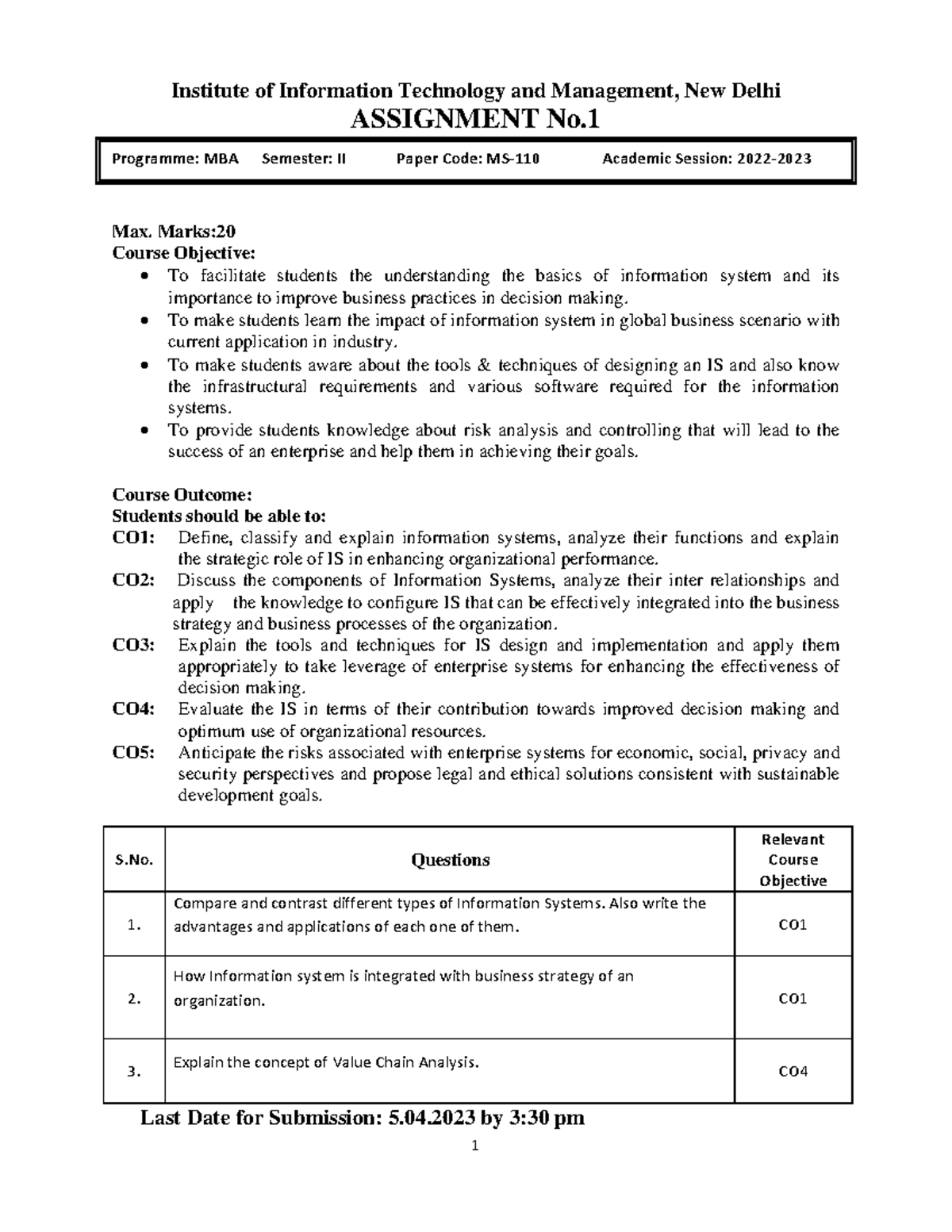 MIS Assignment 1 - 1 Institute of Information Technology and Management, New Delhi ASSIGNMENT No ...